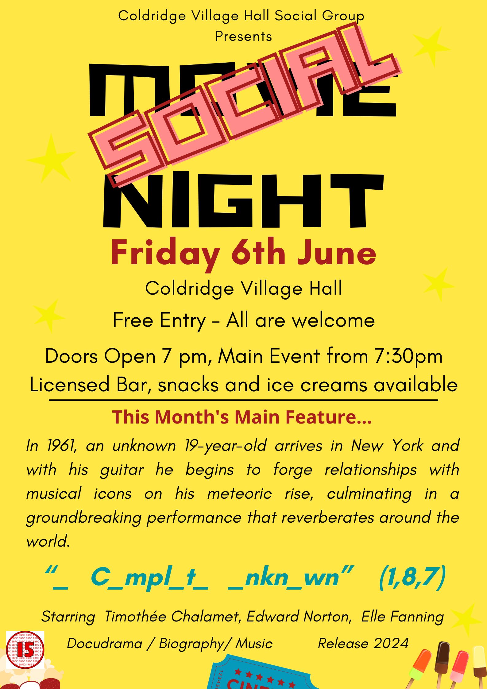 Social Night (with a film) – June 2025 – Coldridge Village Hall