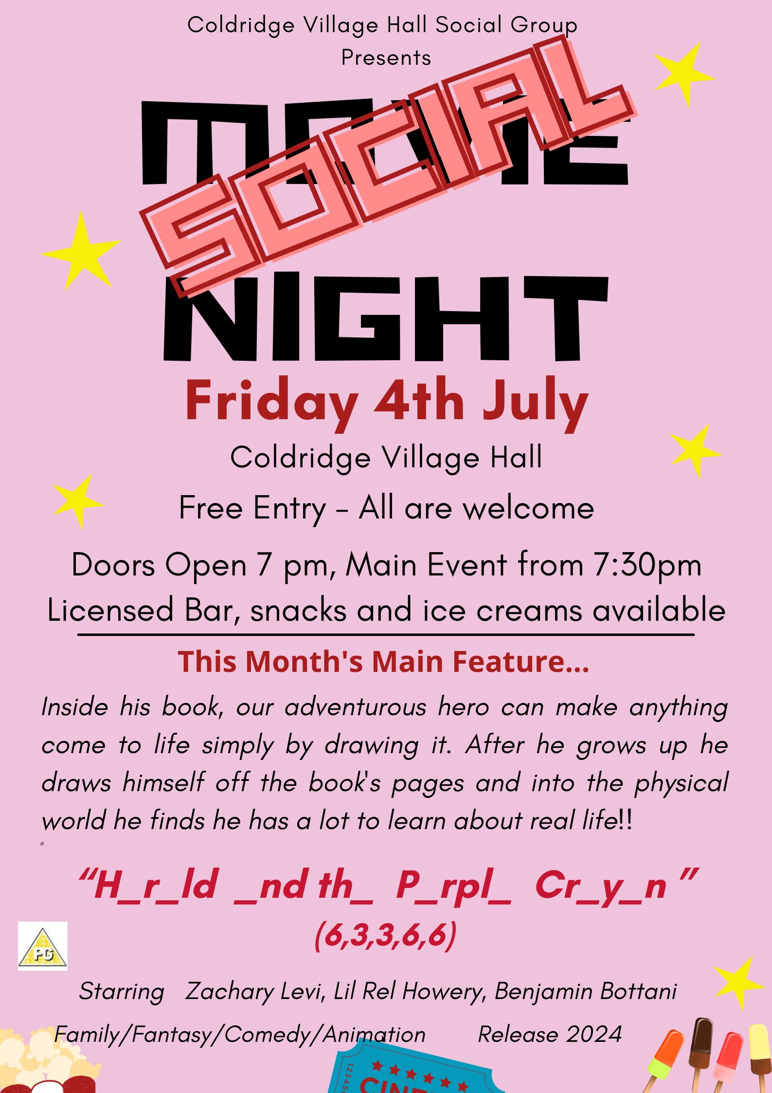Social Night (with a film) – July 2025 – Coldridge Village Hall